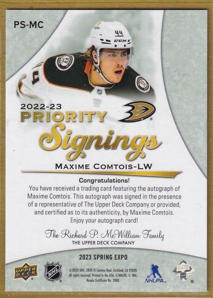 2023 Parkhurst UD Spring Expo Priority Signings #PSMC Maxime Comtois ...