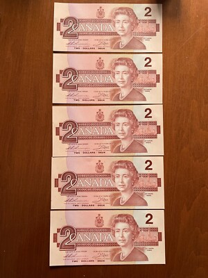 5 Consecutive $2 Bill Canadian Banknote Queen Elizabeth 1986 Banknote ...