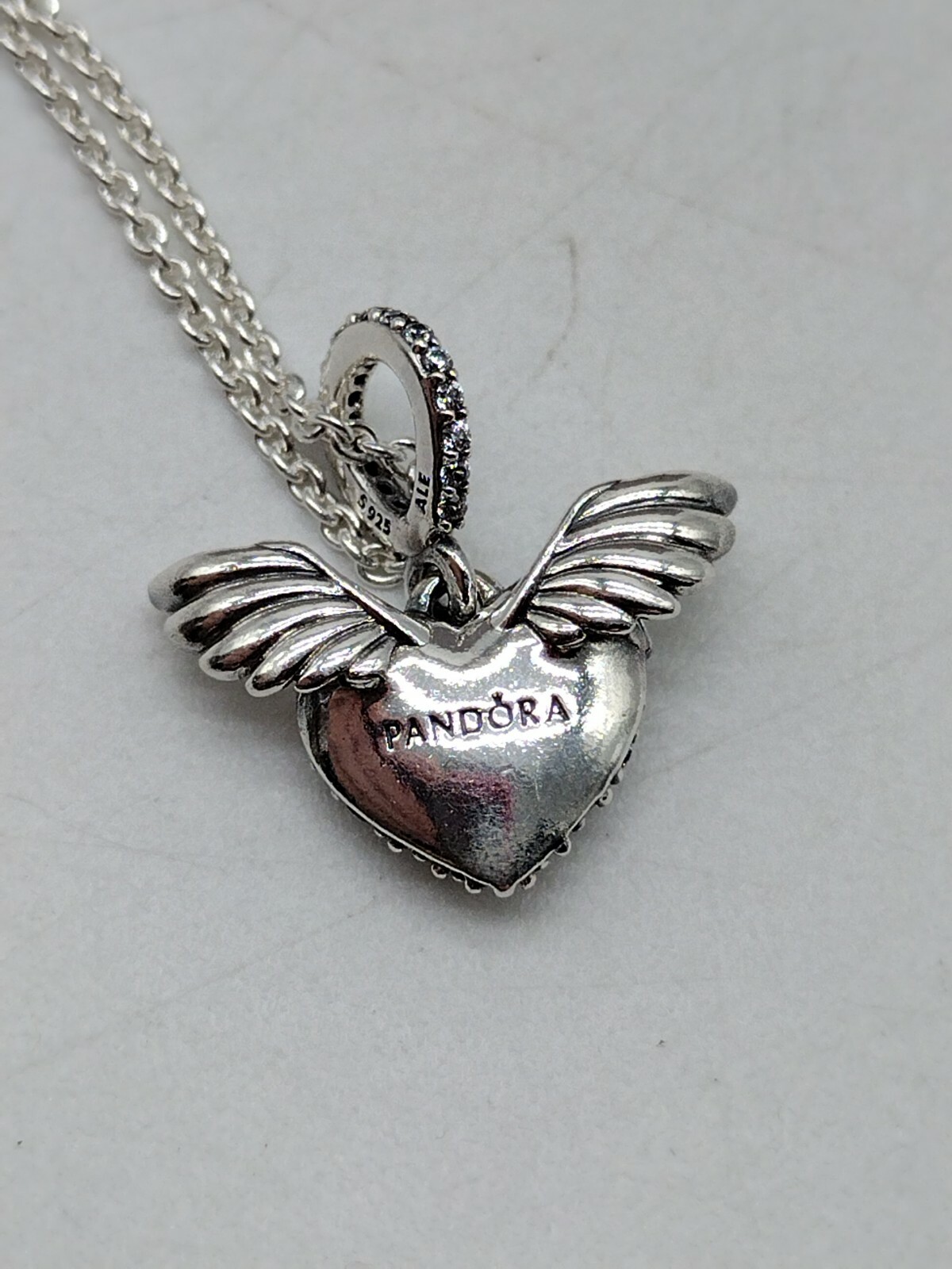 New 925 Pandora Pave Heart Angel Wings Necklace Pendant 398505C01-45 ...