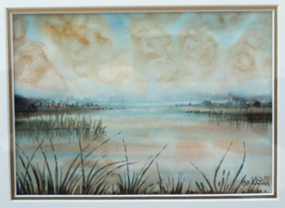 Orig. Small Moshe Kagan Painting Signed Watercolor See of Gallilee ...
