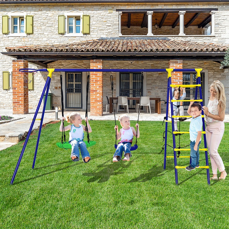 5-In-1 Outdoor Kids Swing Set W/ Heavy Duty Swing Frame & Ground Stakes ...