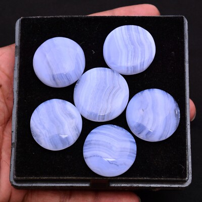 6 Pcs Natural Blue Lace Agate Glossy 26mm-28mm Round Cabochon Huge ...