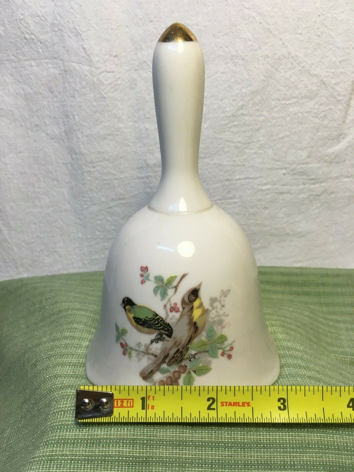White Porcelain Bell with Bird Design Gold Top. In Good Condition. 3" W ...