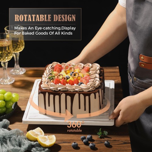 Rotatable Square Cake Stand with Dome，Marble Dessert Holder with ...