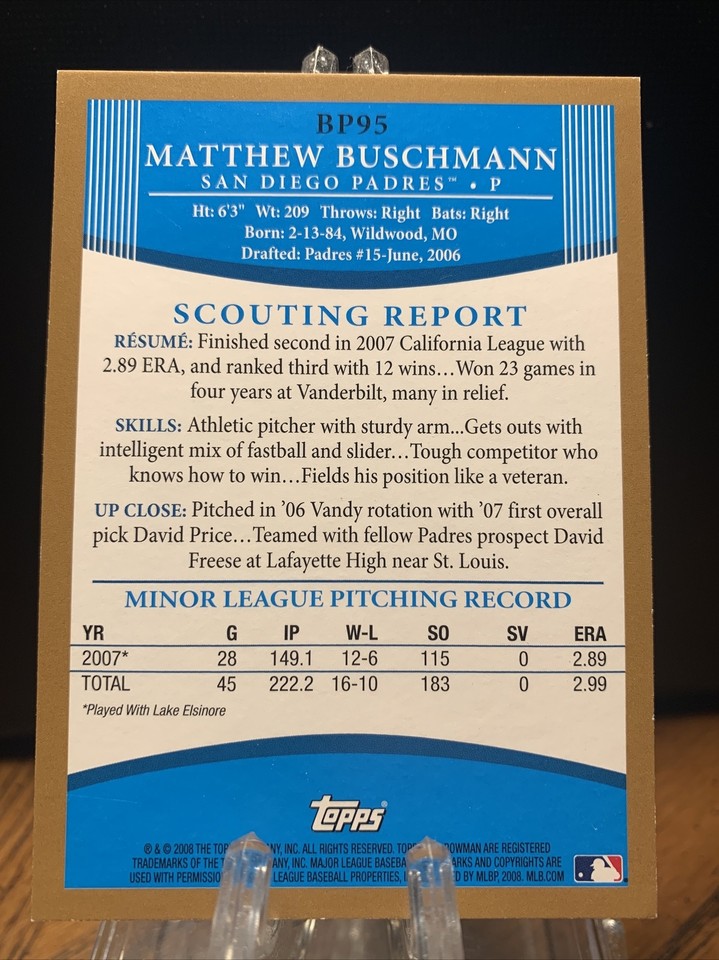 Matthew Buschmann 2008 Bowman #BP95 Baseball Card | eBay