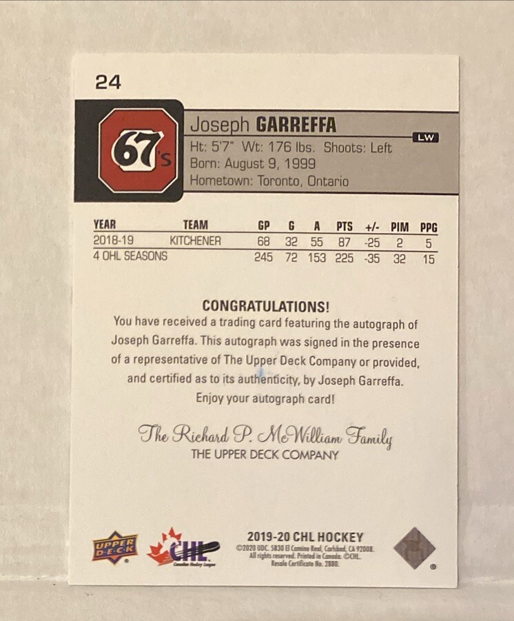 2019-20 Upper Deck CHL Autographs #24 Joseph Garreffa AUTO | eBay