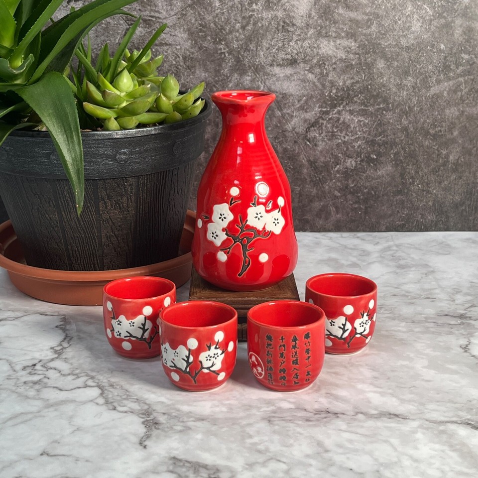 Japan White Cherry Blossom Red Ceramic Sake Gift Set,1Sake Bottle and4 ...