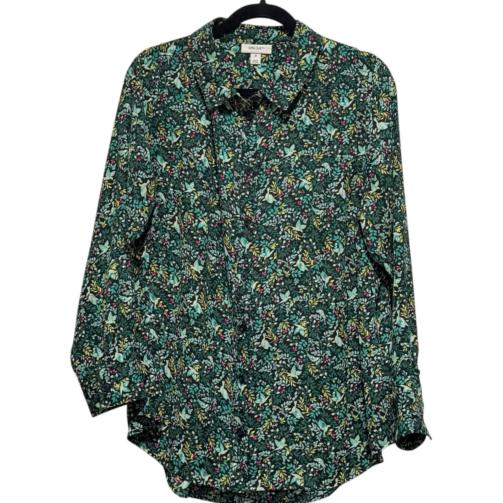 On 34th Plus Sz 1X Chiffon Green Turtle Dove Long Sleeve Button Up ...