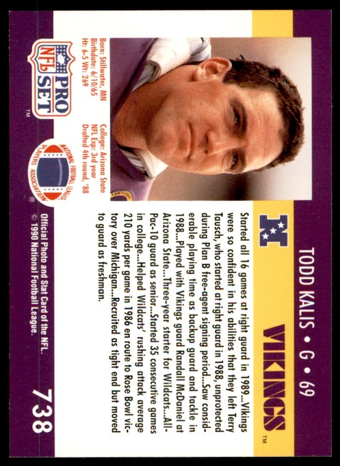 1990 Pro Set Todd Kalis Rookie Minnesota Vikings #738 | eBay