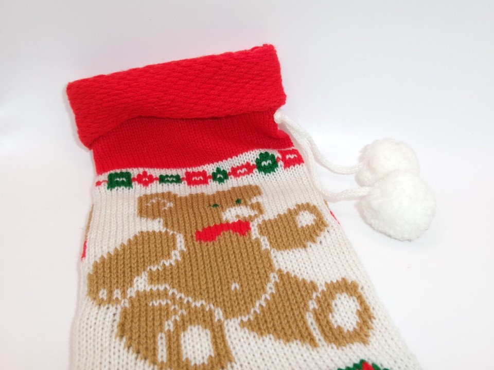 Vtg Christmas Teddy Bear Knit Stocking Red Green White Tan Pom Poms 17 ...