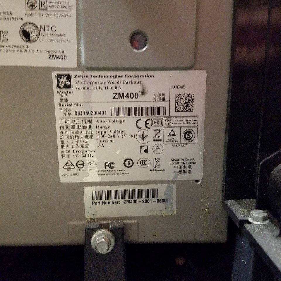 Zebra Tech. Corp. ZM400, Part No. ZM400-2001-0600T Thermal Label Printer - USED | eBay