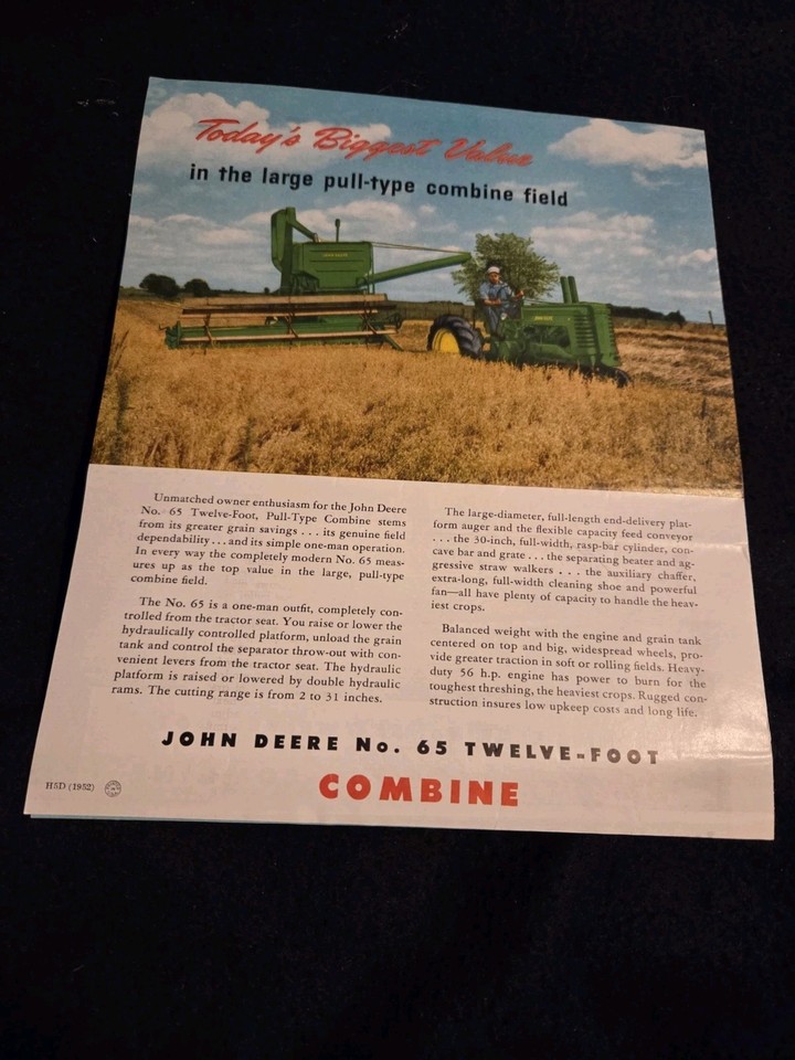 1952 John Deere 12-A 55 65 Combine Furrow Insert Brochure | eBay