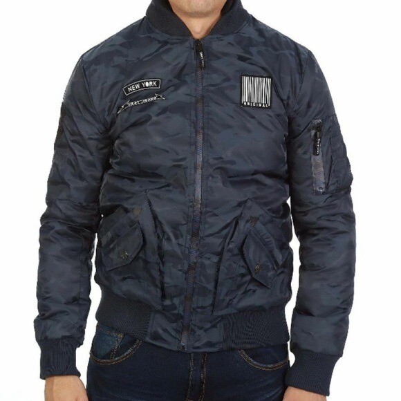 XRAY Navy Camo Winter Coat Hooded Jacket Puffer Barcode Patches Mens ...