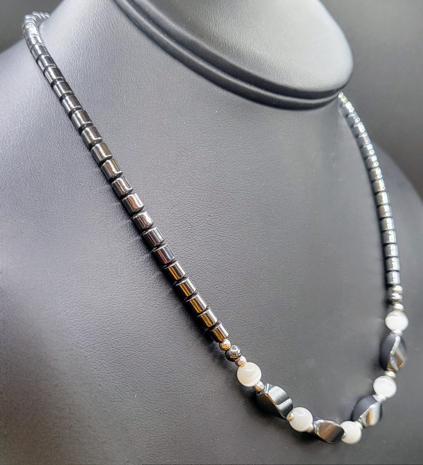 Vintage HEMATITE & WHITE CATS EYE BEADS Necklace 17" + Anklet 9" w/STARS Boho | eBay