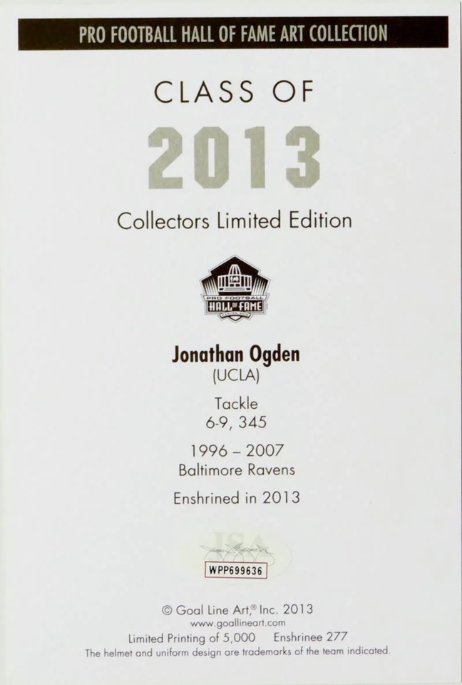 Jonathan Ogden HOF Autographed Baltimore Ravens Goal Line Art Card- JSA ...