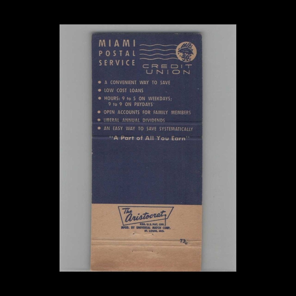 Matchbook Cover Miami Postal Service Credit Union Miami FL | eBay