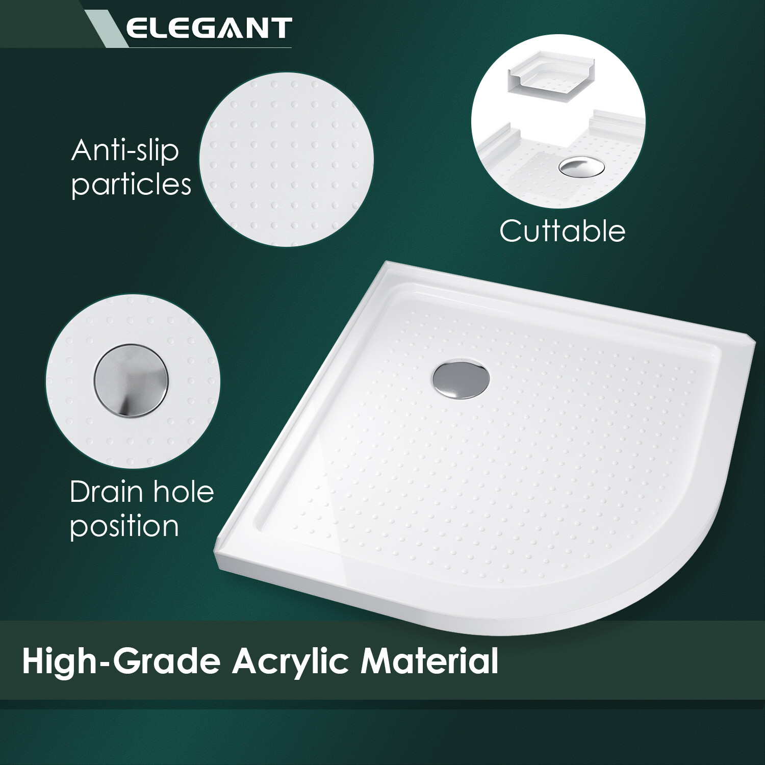 ELEGANT Shower Base 38" D x 38" W x 3" H Stainless Steel Drain Single ...