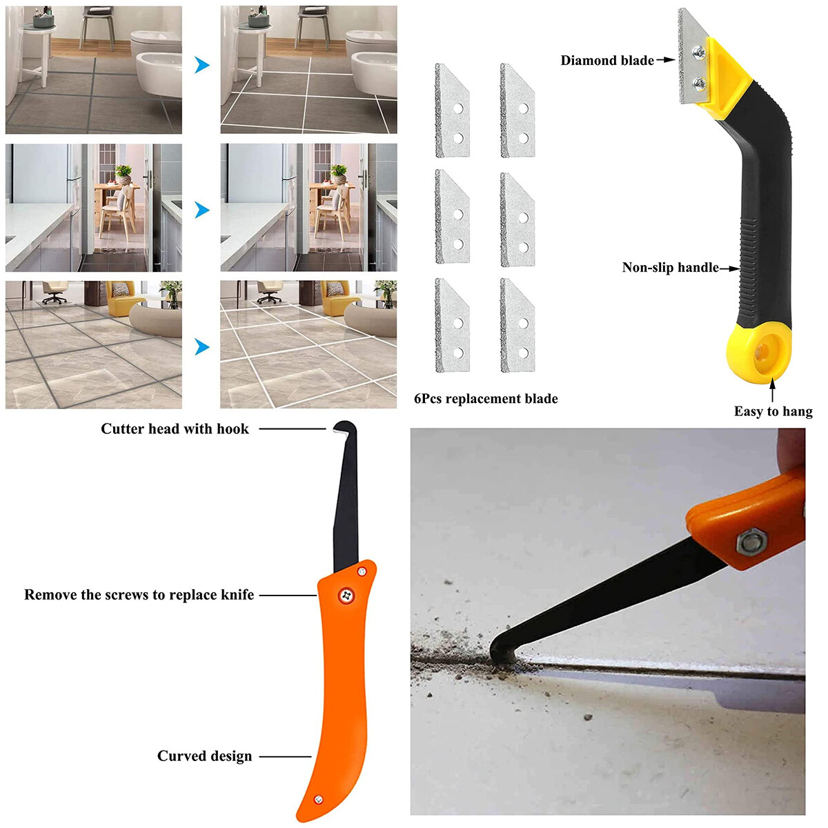 Grout Removal Caulking Tool Set with Tile Grout Saw Hook Cutter 6 EmweY ...