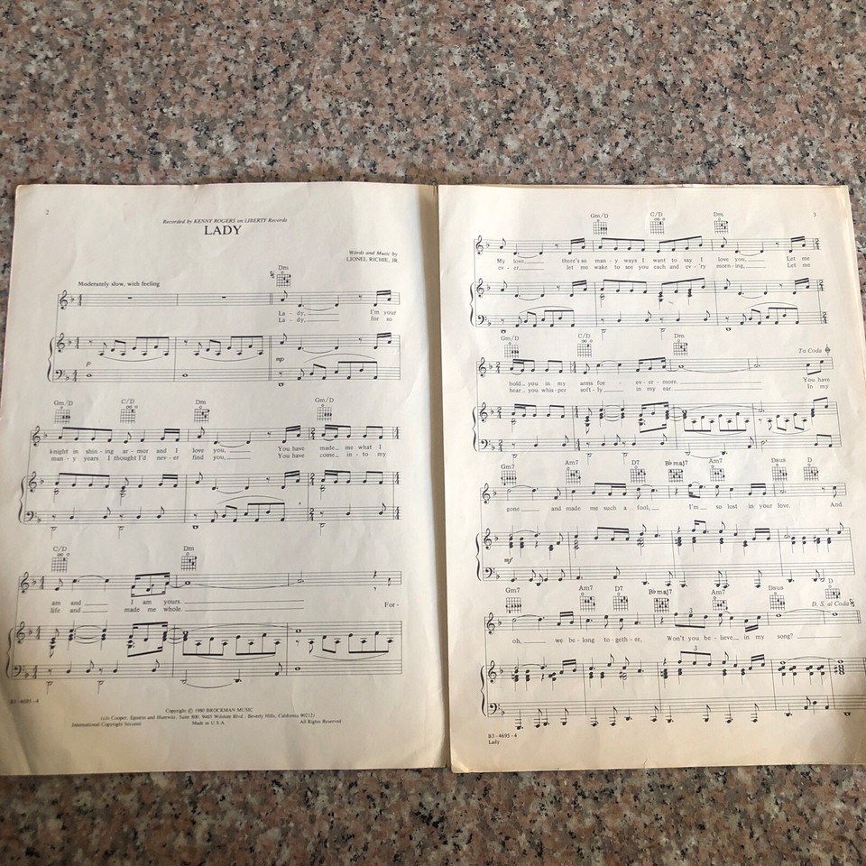 “Lady” Kenny Rogers 1980 Lionel Richie Brockman Sheet Music, 5 Pages | eBay