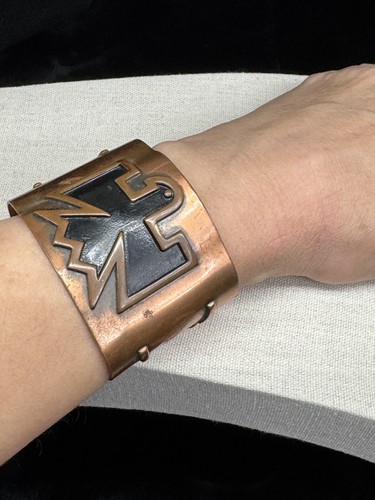 Wide Solid Copper & Black Tone Vintage Thunderbird Design Cuff Bracelet ...