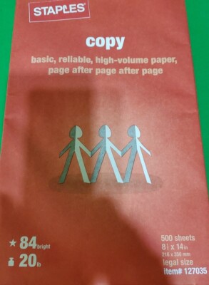 Staples Copy Paper 84 Bright 20 lb. 8.5 x 14 Legal Size White 500 ...