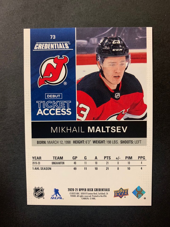 Mikhail Maltsev 2020-21 Upper Deck Credentials Debut Ticket Access /999 ...