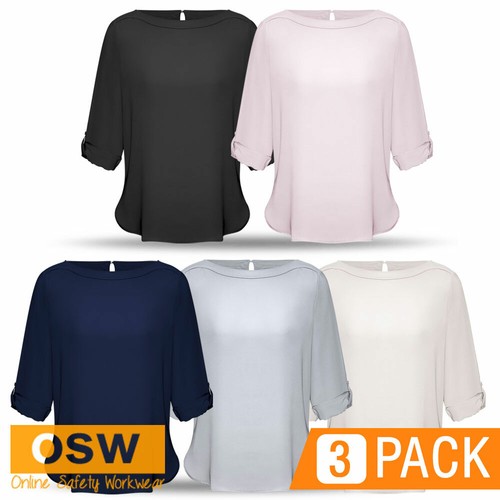 3 x Ladies Womens MADISON Boatneck Blouse Stretch 3/4 Long Sleeve Shirt ...