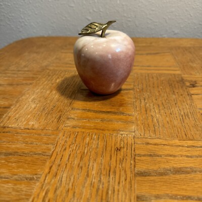 Vintage MCM Polished Marble Alabaster Red Apple Paperweight w/Brass ...