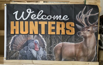 Welcome Hunters Flag FREE SHIP Turkey Deer Fish Shoot Guns Beer USA ...