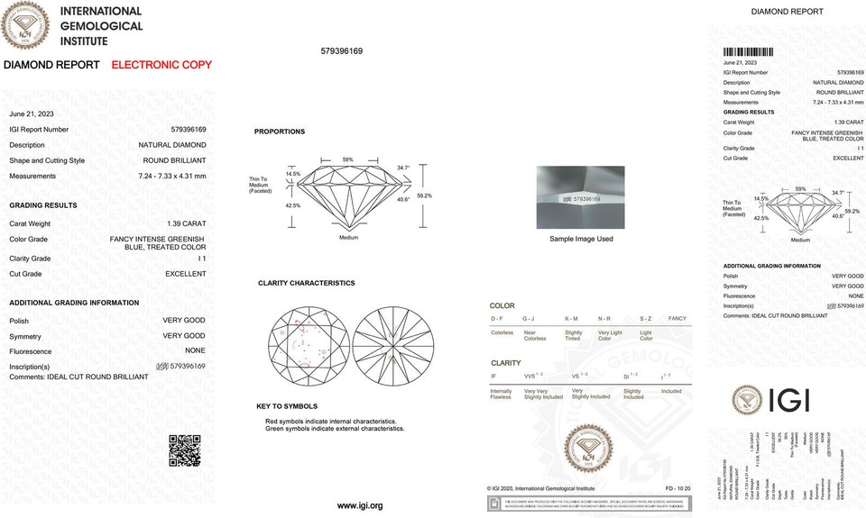 Round Shape Diamond Fancy Blue Color Enhanced Loose 1.39 Carat I1 IGI ...