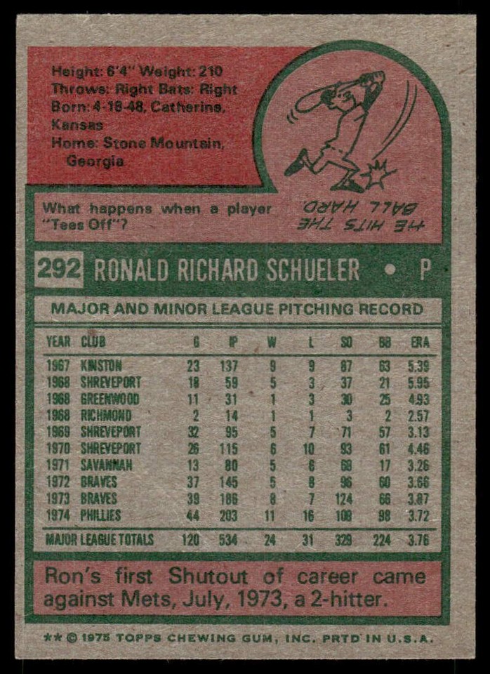 1975 Topps Ron Schueler #292 Philadelphia Phillies Baseball Card | eBay