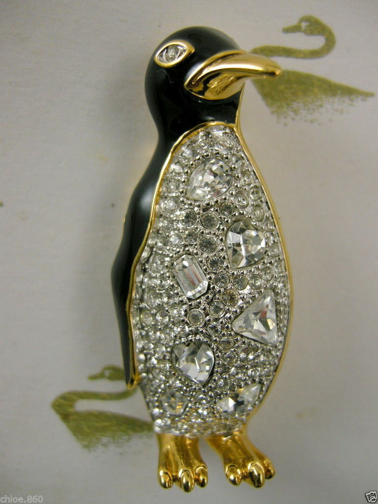 SIGNED CRYSTAL SWAROVSKI PENGUIN BIRD PIN~ BROOCH 22KT GOLD PLATED ...