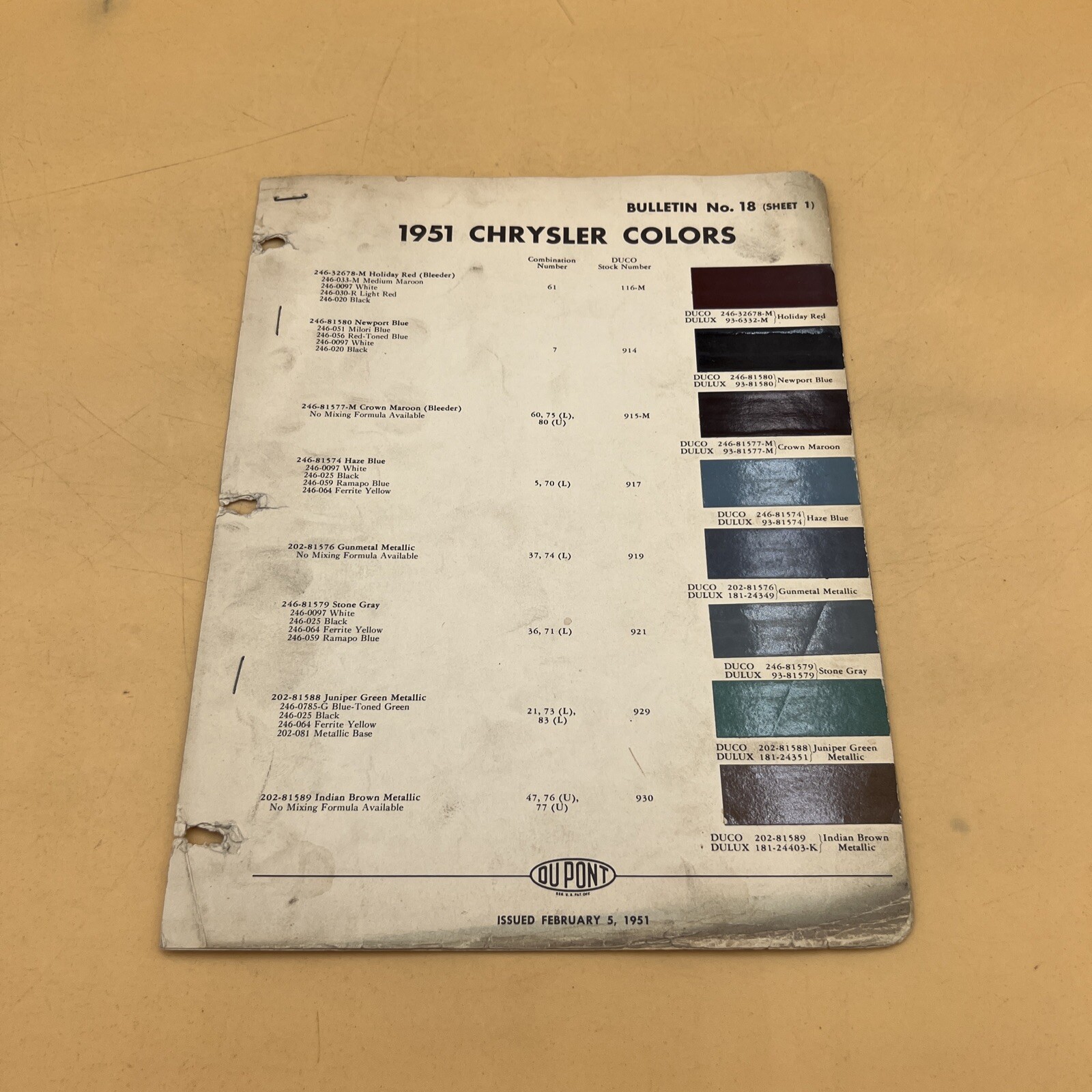 1951 ‘51 Chrysler Exterior Color Paint Chip Sample Chart - DuPont ...