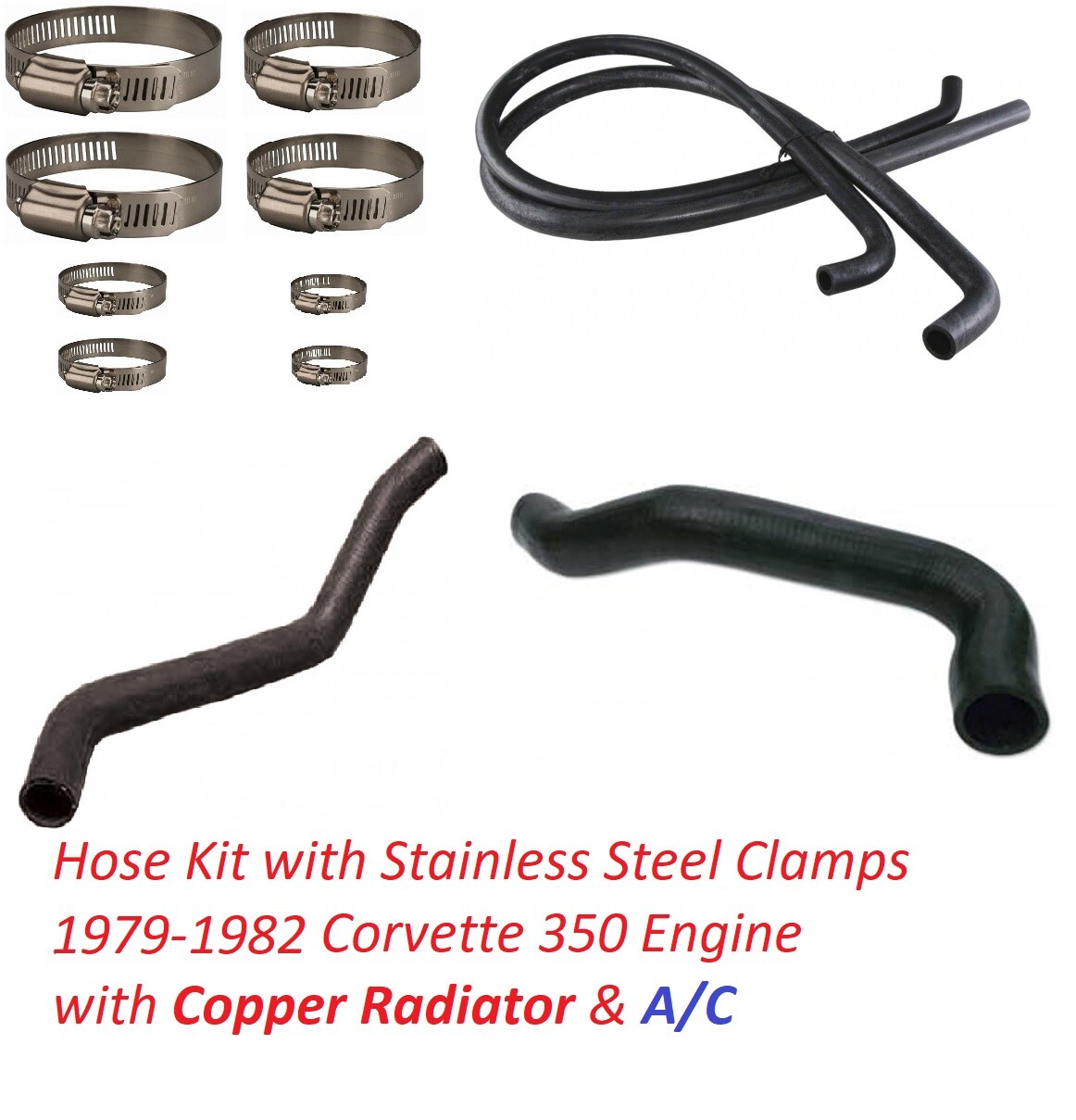 1979-1982 Corvette Molded Radiator Hoses + Heater Hoses A/C SS Clamps ...