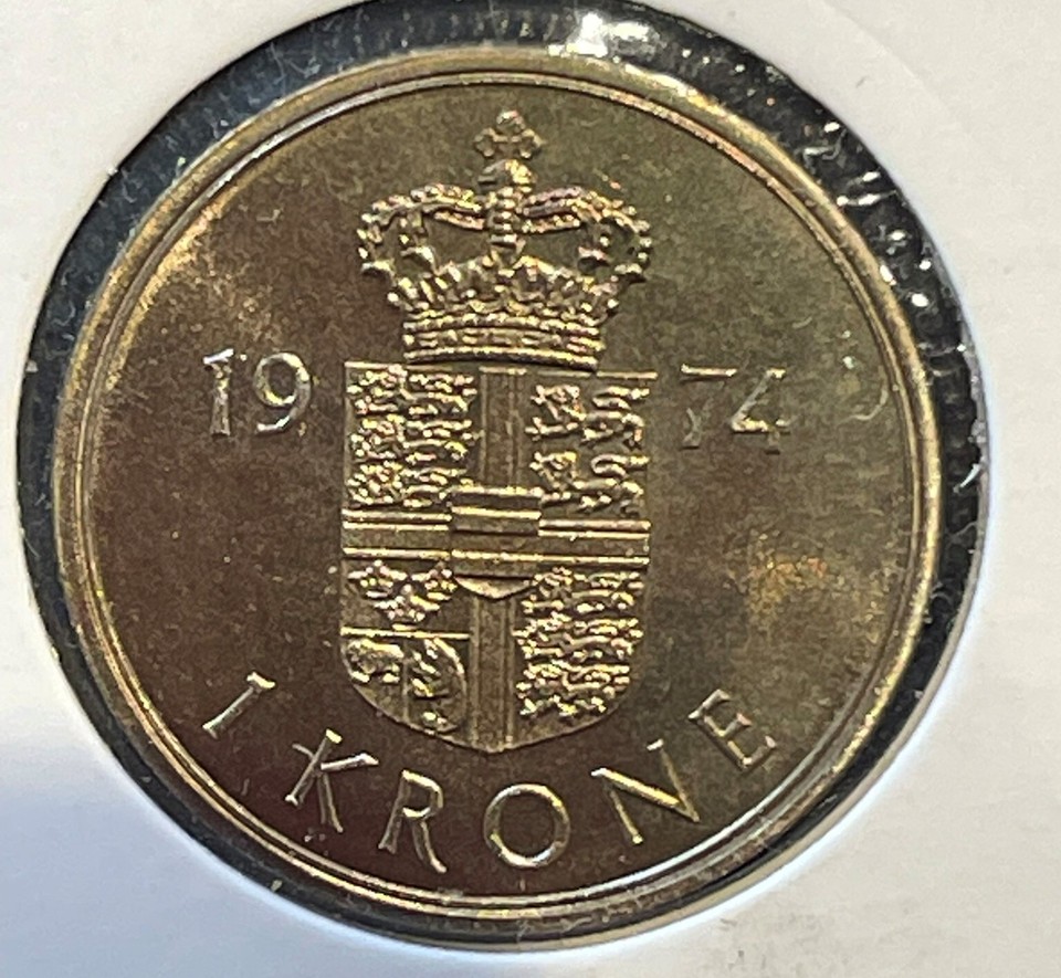 Denmark 1 krone 1974 Queen Margrethe II & Coat of Arms KM#862 CuNi UNC ...