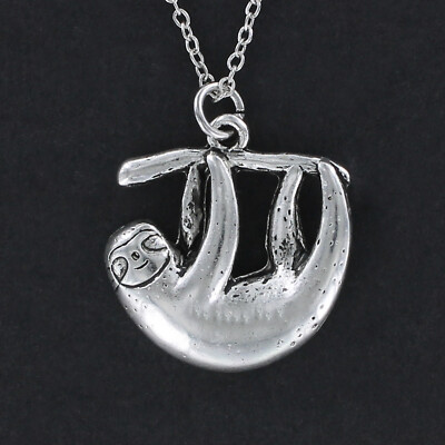 SLOTH NECKLACE - Pewter Charm on Cable Chain Tree Slow Hanging Two Toed ...