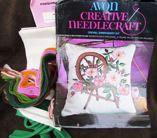 Crewel embroidery pillow kit Avon Spinning Wheel & Wild Roses complete ...