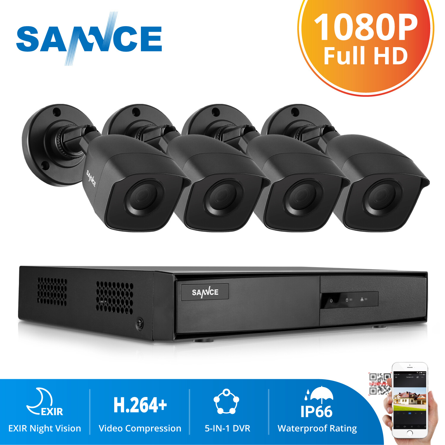 SANNCE 1080P CCTV Camera System 4 8CH 5IN1 DVR Night Vision Outdoor ...