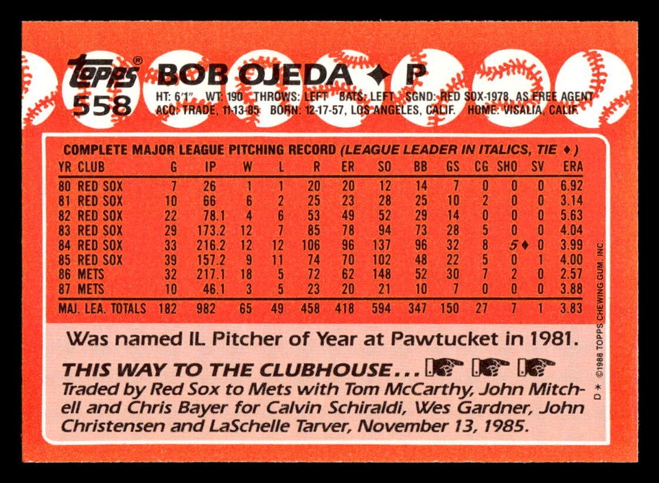 Bob Ojeda 1988 Topps Tiffany #558 New York Mets | eBay