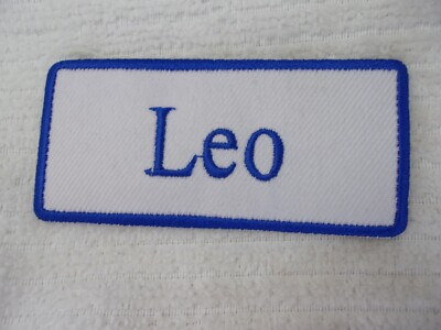 LEO NEW EMBROIDERED SEW / IRON ON NAME PATCH 1-1/2 X3-1/2 BLUE ON WHITE ...