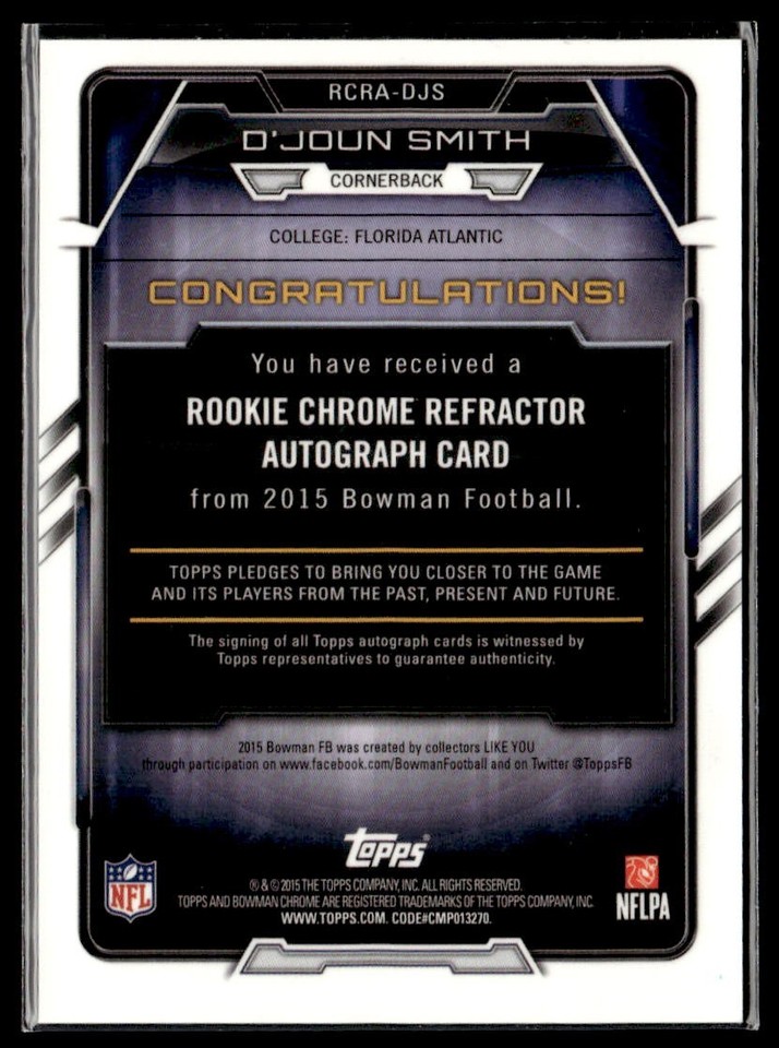 2015 Bowman #RCRA-DJS D'Joun Smith Rookie Chrome Refractor Autographs ...