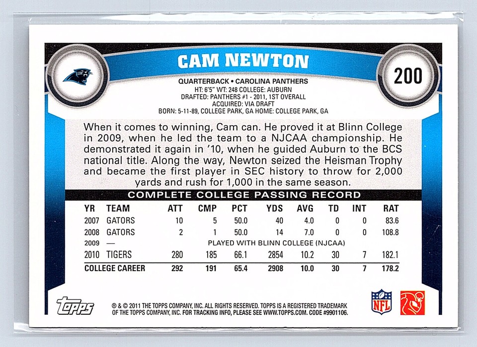 2011 Topps Football #200 Cam Newton SP Rookie Blue Wall Variation ...