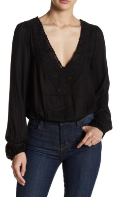 Free People Womens NWT Embroidered V Neck Jezebel Bodysuit Top Black ...