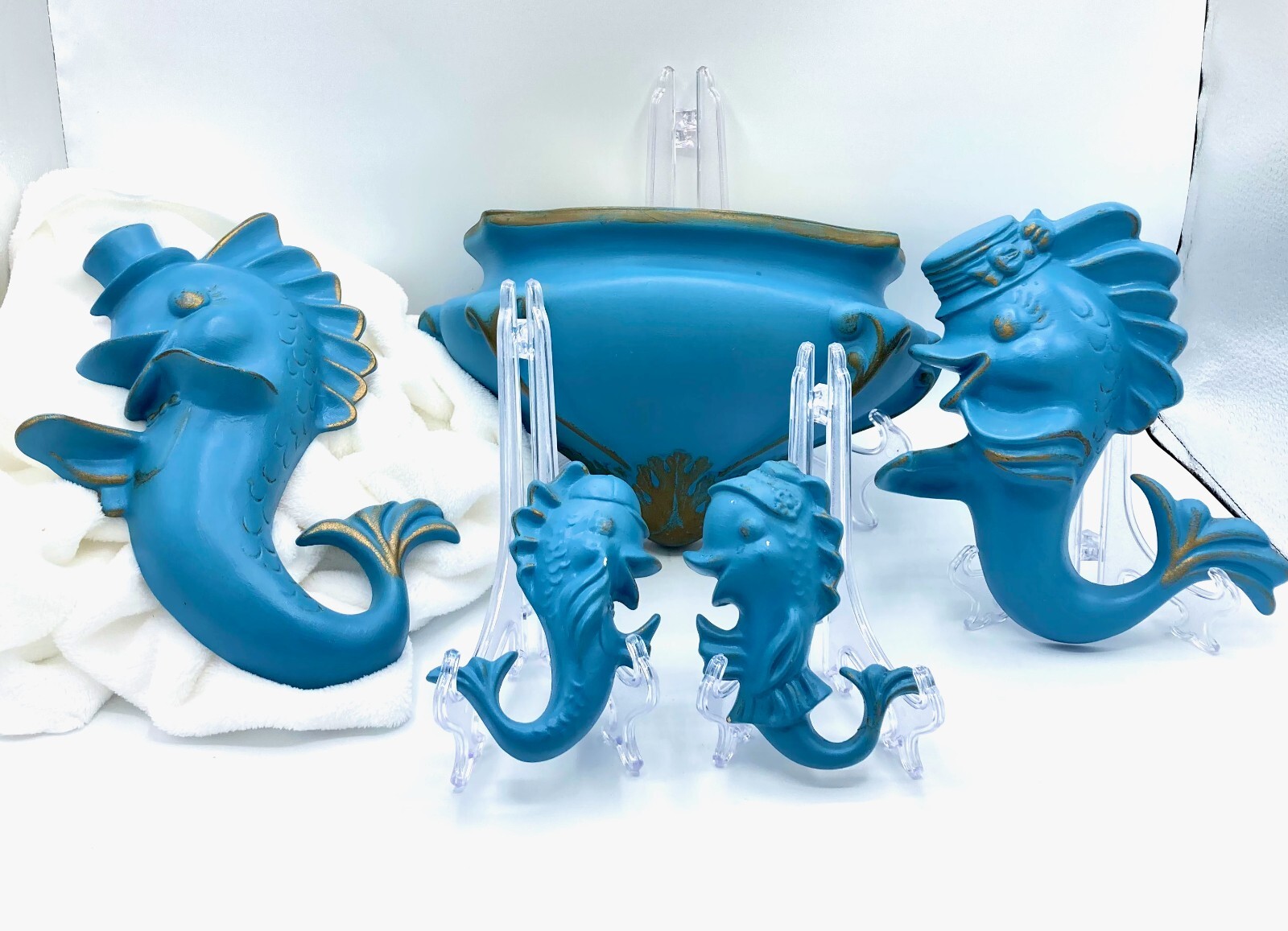 Rare Vintage Blue Ceramic Fish Family w/ Wall Pocket Planter Complete ...
