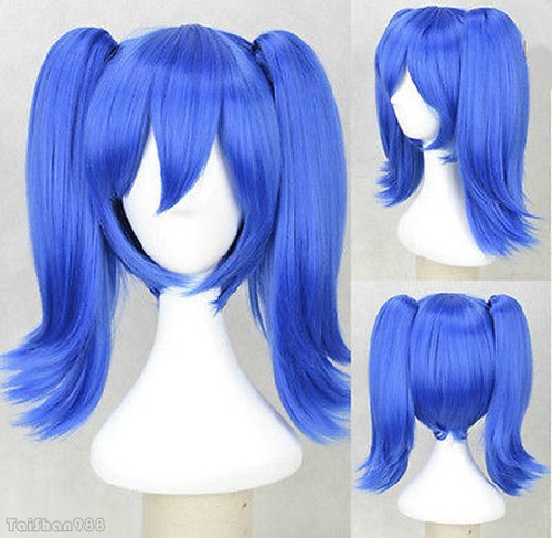Blue Straight Medium Pigtail Ponytail Women Cosplay Anime Hair Wig Wigs ...