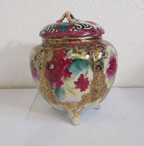 Antique Nippon Footed Biscuit Jar Hand Painted Mark On Bottom No Chips ...