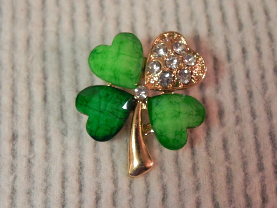 Shamrock Pin Four Leaf Clover Brooch Irish Green clear rhinestone St ...
