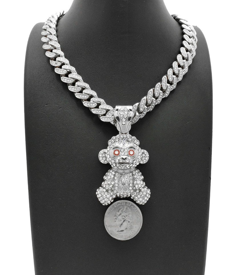 Hip Hop 38 BABY Young Boy Monkey Pendant & Iced Box Lock Cuban Chain ...