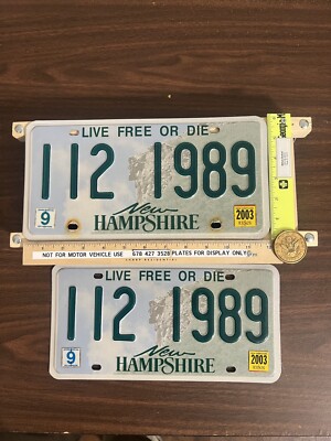NEW HAMPSHIRE VANITY PERSONALIZED LICENSE PLATE 112 1989, PAIR. JAN 12 ...
