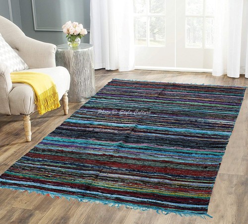 Handmade Braided Rectangle Woven Indian Rag Rug Chindi Throw Living ...